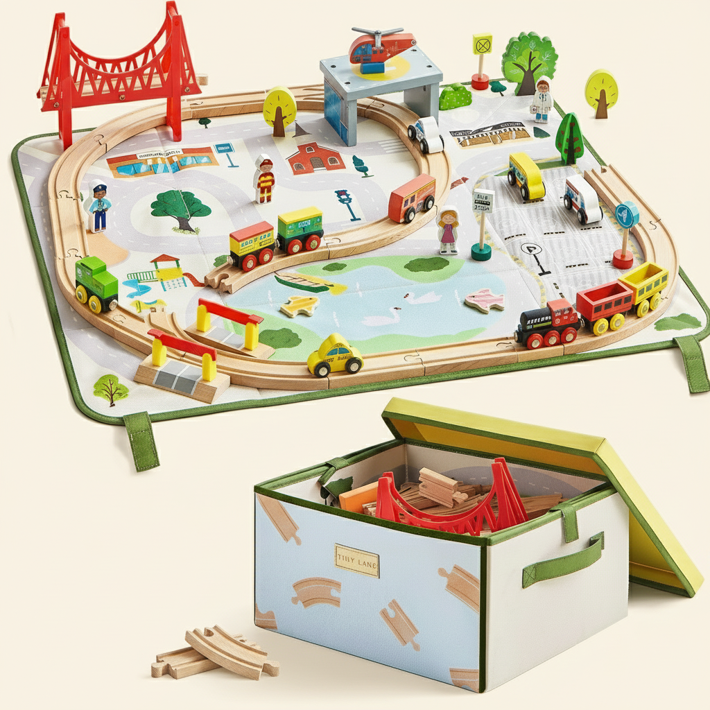 Wooden Train Set With Storage Box 110 Piece Railway Toy Tiny Land