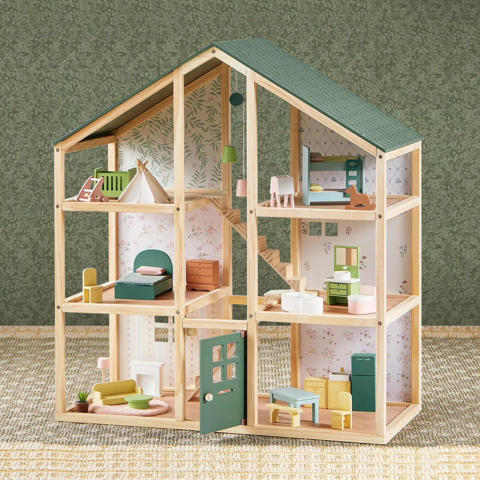 Sweetwood Evergreen Wooden Dollhouse – Multi-Level Play Set | Tiny Land